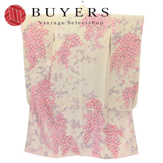 中古 振袖 正絹 オフホワイト ピンク パープル 成人式 和装 呉服 和服 きもの レディース 女性