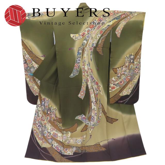 中古 振袖 正絹 カーキ ベージュ パープル系 マルチカラー 成人式 古典柄 和装 呉服 和服 きもの レディース 女性