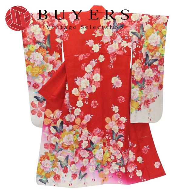 中古 振袖 正絹(金銀糸除く) レッド ピンク ホワイト 成人式 花に蝶 重ね襟付き 和装 呉服 和服 きもの レディース 女性