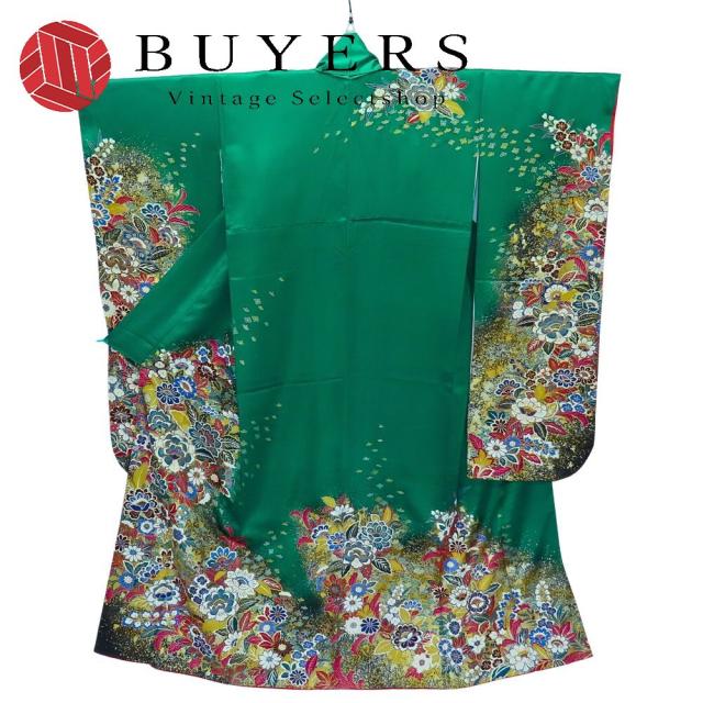 中古 振袖 正絹 エメラルドグリーン ゴールド マルチカラー 成人式 和装 呉服 和服 きもの レディース 女性
