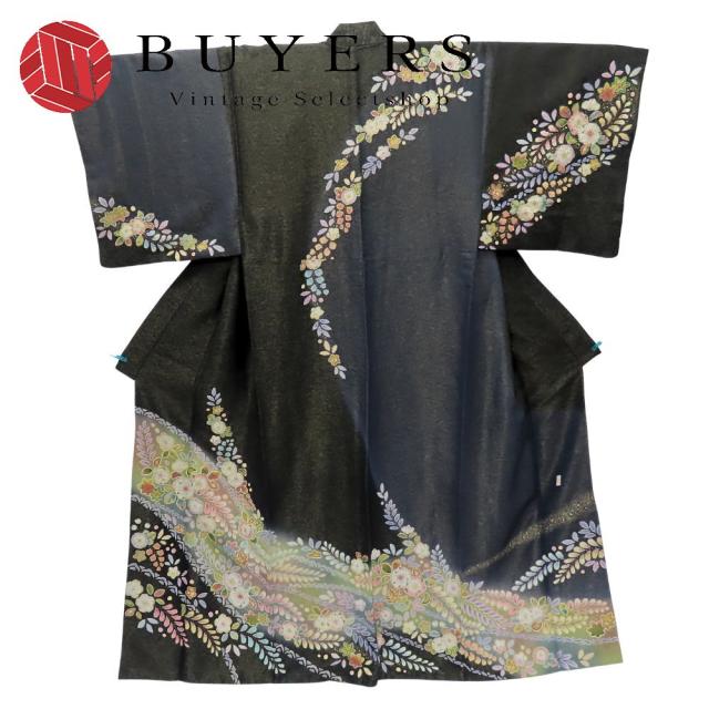 中古 訪問着・付下 辻が花 翠山工房 正絹(金銀糸除く) 金糸 ネイビー ブラック 男仕立て 落款あり 和装 呉服 和服 きもの メンズ 男性