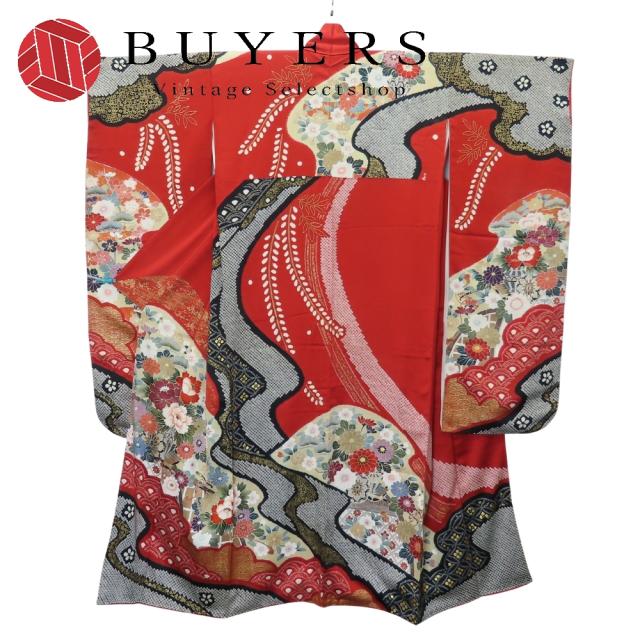 中古 振袖 金駒刺繍 桶絞り 正絹(金銀糸除く) レッド ブラック マルチカラー 手描き 古典柄 成人式 和装 呉服 和服 きもの レディース 女性