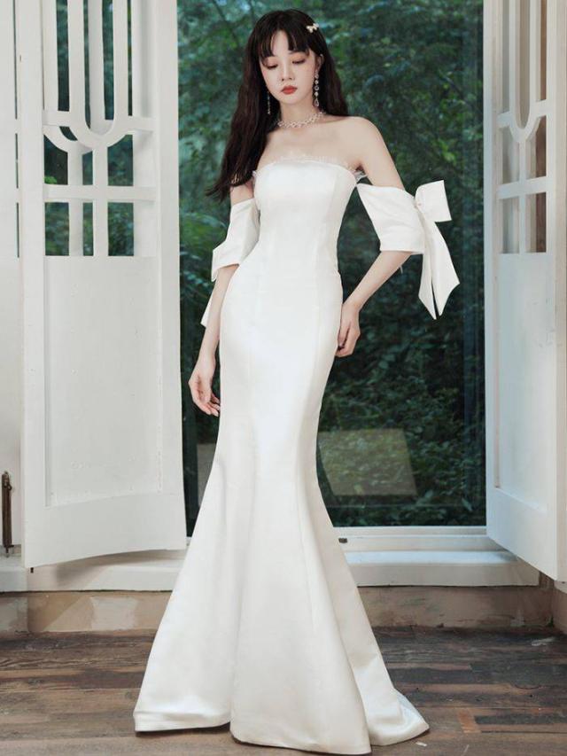 ウェディングドレス マーメイドライン リボン風 マーメイドドレス 夢可愛い ワンショルダーネック 着?せ ホワイト エレガント おしゃれ お嫁さん 結婚式 ロングドレス