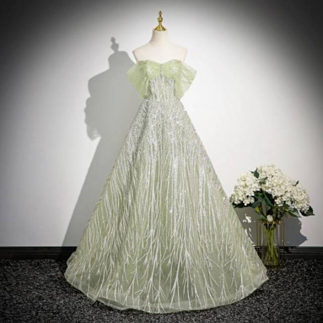 イブニングドレレス 編み上げタイプ エレガント ドレス グリーン 緑色 ロングドレス ワンピース キラキラ 森ガール系 春 夏 秋 新作品