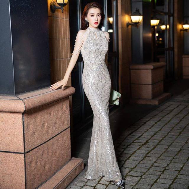 バンケットスパンコールイブニングドレス マーメイド ドレスレディース 2024 気質 セクシー ロングドレス 銀色 パーティー成人式大人気