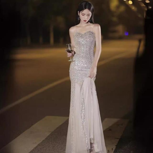 マーメイドドレス イブニングドレス 銀色 バンケットスパンコール セクシー 夏新品 着?せ 気品 タッセル ロングドレス 演奏会 エレガント パーティー 成人式