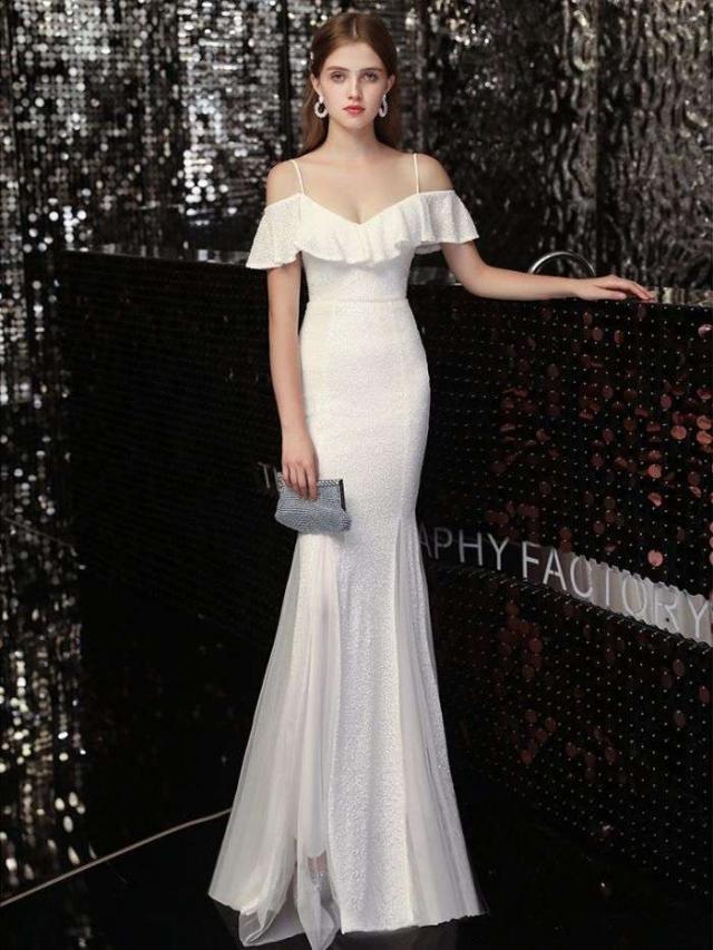 マーメイドドレス イブニングドレス ホワイト 乙女風 お姫系 演奏会 エレガント 着?せ 気品 ロングドレス 結婚式 パーティー 成人式