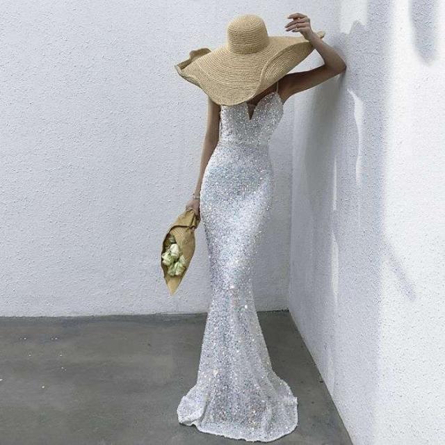 マーメイドドレス イブニングドレス ホワイト 乙女風 バンケットスパンコール 演奏会 エレガント 着?せ 気品 ロングドレス 結婚式 パーティー 成人式
