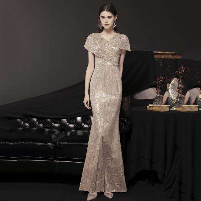 マーメイドドレス イブニングドレス シャンパン バンケットスパンコール 演奏会 エレガント 着?せ 気品 ロングドレス 結婚式 パーティー 成人式