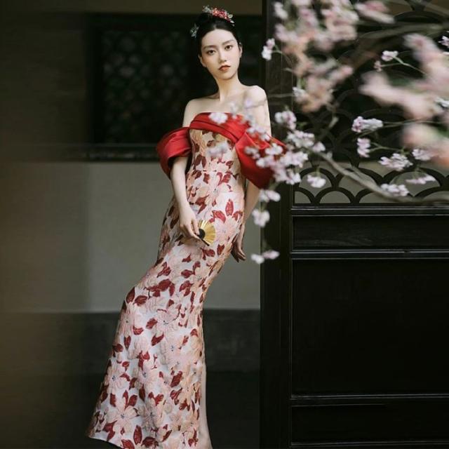 マーメイドドレス イブニングドレス レディース ベージュ レッド花柄 演奏会 エレガント 着?せ 気品 ロングドレス 結婚式 パーティー 成人式