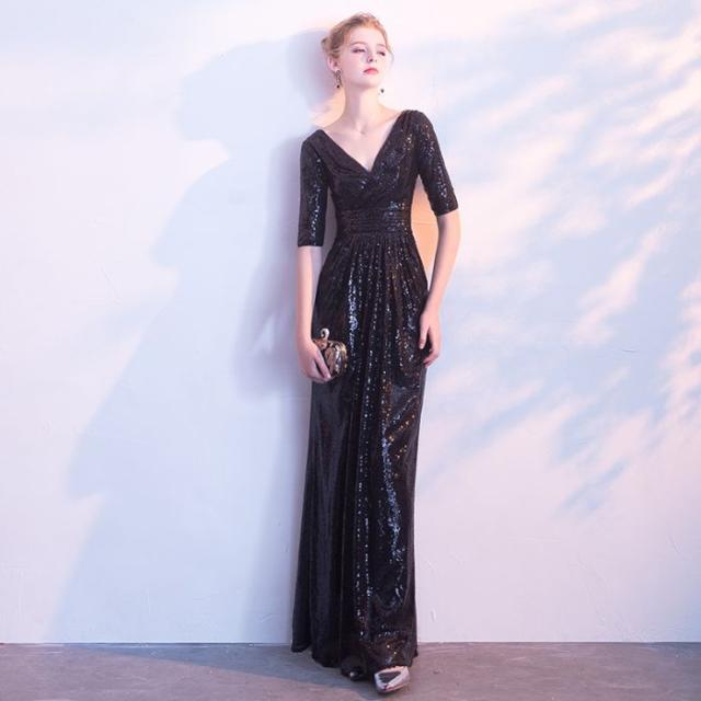 バンケットスパンコールイブニングドレス ラインドレス vネット 5分袖 レディース セクシー ロングドレス ブラック パーティー成人式大人気