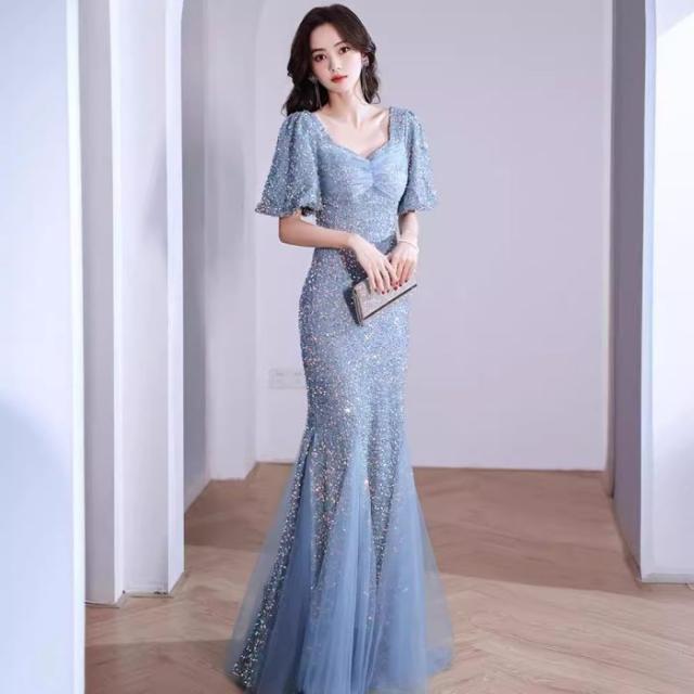 イブニングドレス マーメイドドレス レディース  セクシー ロングドレス ブルー 刺? パーティー 大人っぽい 大人気
