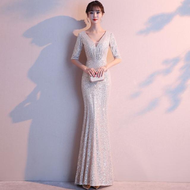 イブニングドレス マーメイドドレス レディース 銀色 セクシー ロングドレス 長袖 女の子 着?せ パーティー 大人っぽい 大人気