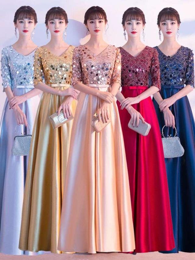 イブニングドレス 5色あり バンケットスパンコール レディース 5分袖 演奏会 エレガント ロングドレス  パーティー 大人っぽい 大人気