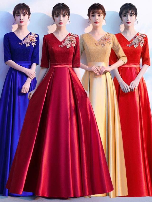 イブニングドレス 5色あり 花柄 レディース 5分袖 演奏会 エレガント ロングドレス  パーティー 大人っぽい 大人気