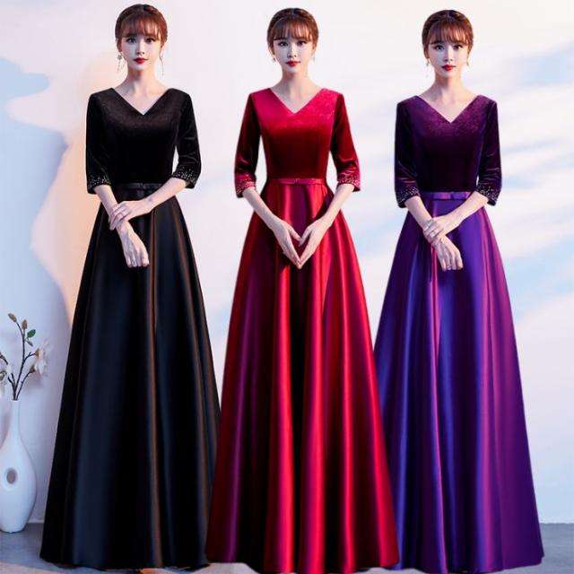 イブニングドレス 3色あり 無地 vネット レディース 5分袖 演奏会 エレガント ロングドレス  パーティー 大人っぽい 大人気