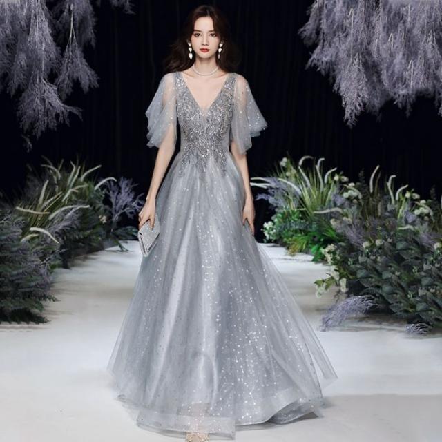 イブニングドレス レディース  ビーズ刺? 大人気 グレー 結婚式  ロングドレス ドレス 忘年会 パーティー 大人っぽい 大人気