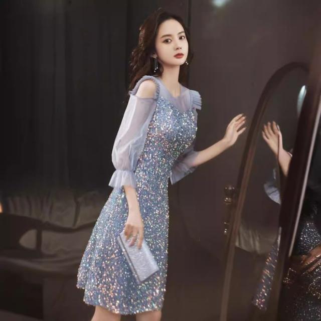 スパンコールイブニングドレスワンピース女性気質2024夏エレガント軽量贅沢人気安い結婚式ブライズメイドドレススカート