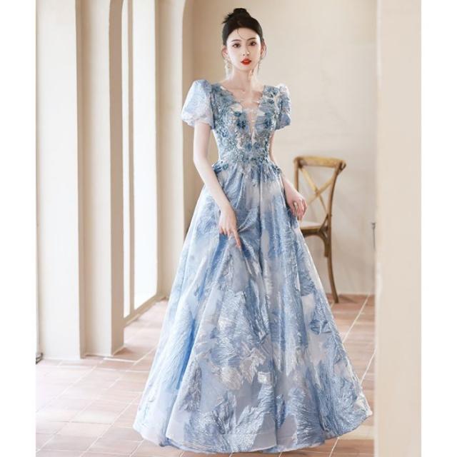 青イブニングドレスワンピース軽贅沢花柄2024お洒落女性高級感パーティー成人式忘年会成人式卒業式