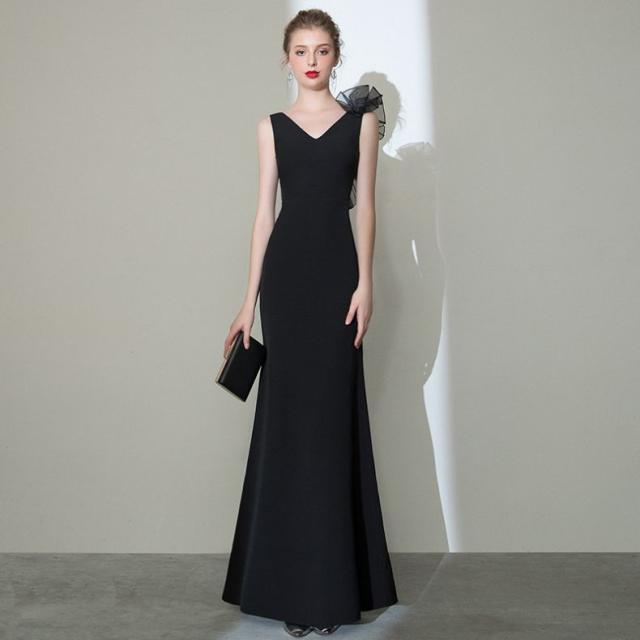 イブニングドレスブラック2024新品vネックセクシーワンピース女性スリムフィッシュテールワンピース