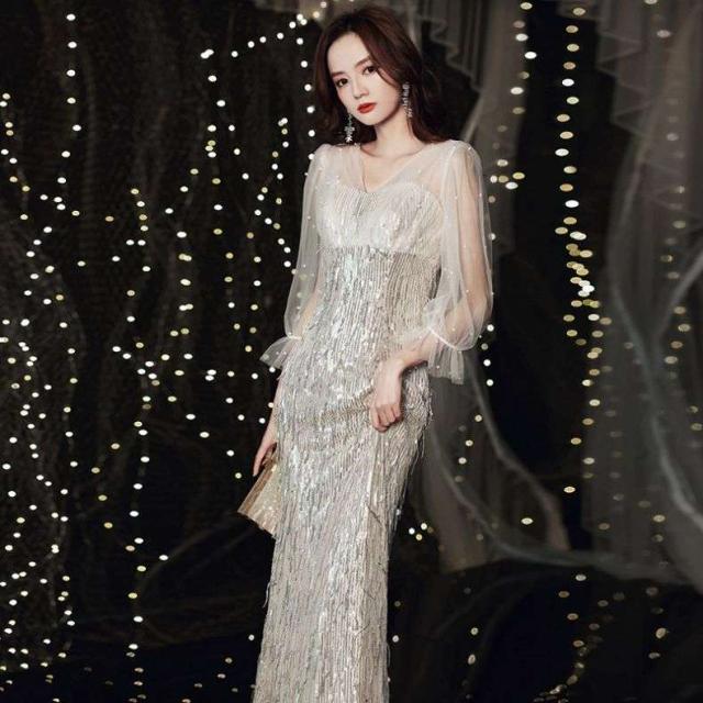 欧米イブニングドレス2024新品気質ドレスシルバーロングスパンコールドレスパーティー成人式ドレス