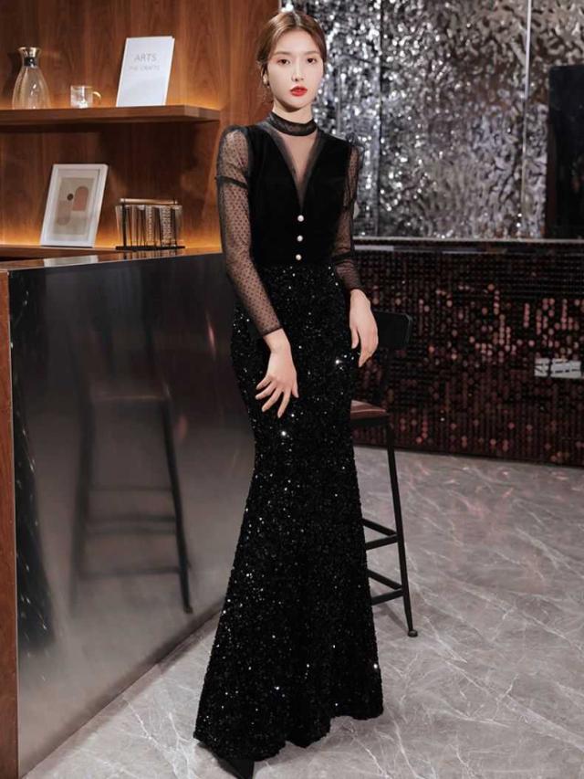 黒イブニングドレス2024お洒落長袖パーティー成人式マーメイドラインドレスドレス演奏会長袖忘年会気質