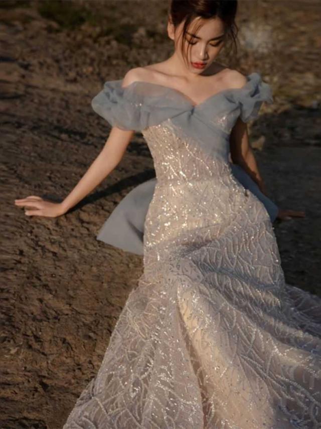 ワンショルダーイブニングドレス2024お洒落気質ドレスワンピース軽い贅沢感グレーブルースパンコール軽いドレス女性