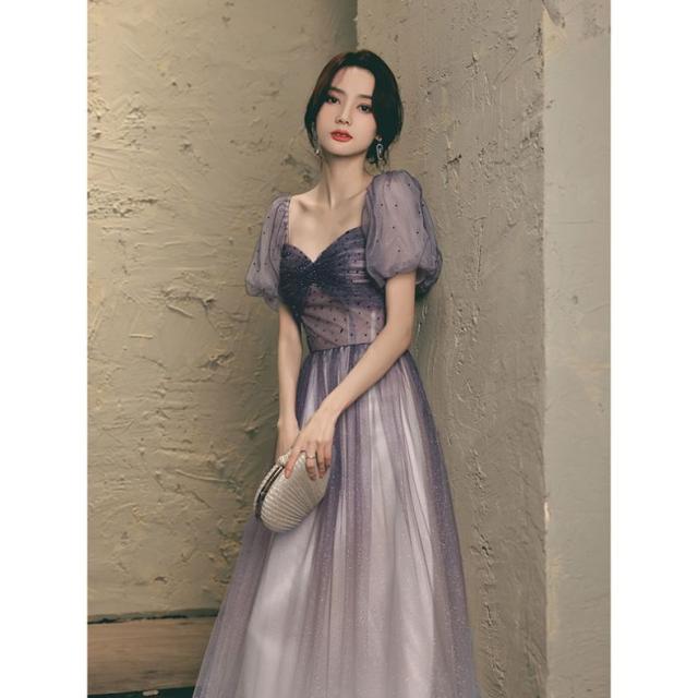 星空イブニングドレス2024お洒落忘年会紫グラデーション色森系ワンピースフランス式イブニングドレス