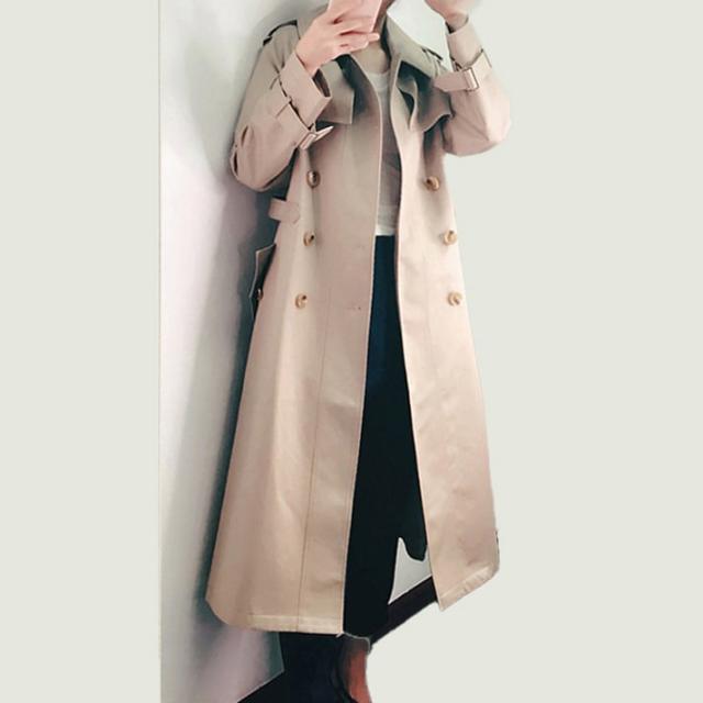 アウター 上着 コート  トレンチコート ロングコート 膝下丈 ミモレ丈 Ａライン フレアシルエット オーバーサイズ 無地 襟付き ダブルブレスト 体型カバー スタイルアップ 防風 風よけ