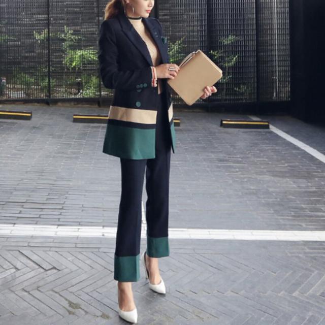 セットアップ スーツ パンツ　ボトム　ボトムス　長袖 ロング ベスト Vネック 柄 ボーダー ナイロン 韓国 スリム タイト きれいめ 高品質 大人 上品 ストレートパンツ フォーマル 秋