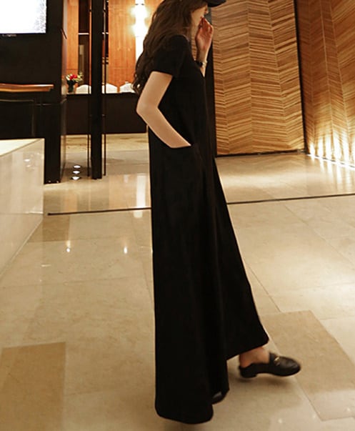 ワンピース ロング丈ワンピ とろみ感 Tシャツワンピ 半袖 袖あり 華やか 爽やか レトロ 着痩せ トレンド デート服 モテ服 脚長効果 美脚 動きやすい 韓国 かわいい 可愛い リラックス