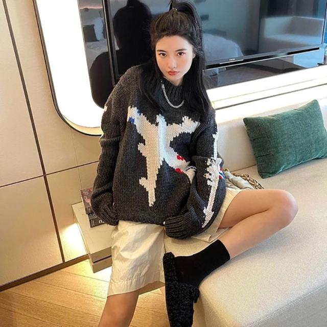 トップス ニットソー セーター 袖あり 長袖 襟付き ニット かわいい 大人可愛い カジュアル おしゃれ 柄 秋 10代 20代 30代 40代 学生 通学 お出かけ 女子会 休日 着回し 普段使い スタイル S M L