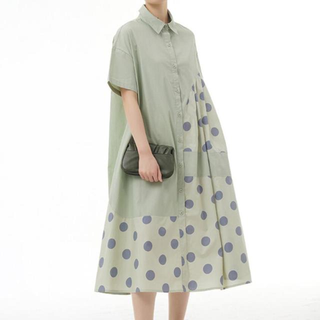ワンピース 上着 人気 おすすめ おしゃれ お洒落 激安 安い 送料無料 プチプラ 半袖 スタンドカラー ふんわり オーバーサイズ Aライン 膝丈 柄 ドット コットン 綿 可愛い かわいい 韓国