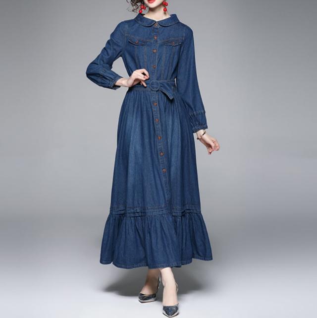 ワンピース 上着 人気 おすすめ おしゃれ お洒落 激安 安い 送料無料 プチプラ 長袖 ロング ラウンドネック 丸首 フレア ふんわり 無地 フリル リボン デニム 可愛い かわいい 韓国 シンプル