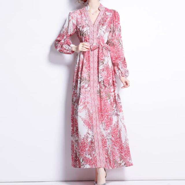 ワンピース 上着 人気 おすすめ おしゃれ お洒落 激安 安い 送料無料 プチプラ 長袖 ロング Vネック パフスリーブ ふんわり Aライン 柄 プリント 花柄 リボン 可愛い かわいい 韓国 きれいめ