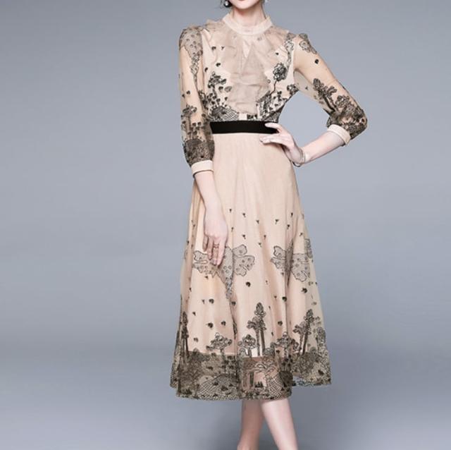 ワンピース 上着 人気 おすすめ おしゃれ お洒落 激安 安い 送料無料 プチプラ 長袖 ロング シースルー ラウンドネック 丸首 ふんわり Aライン 膝丈 柄 花柄 ドット 透け ポリエステル