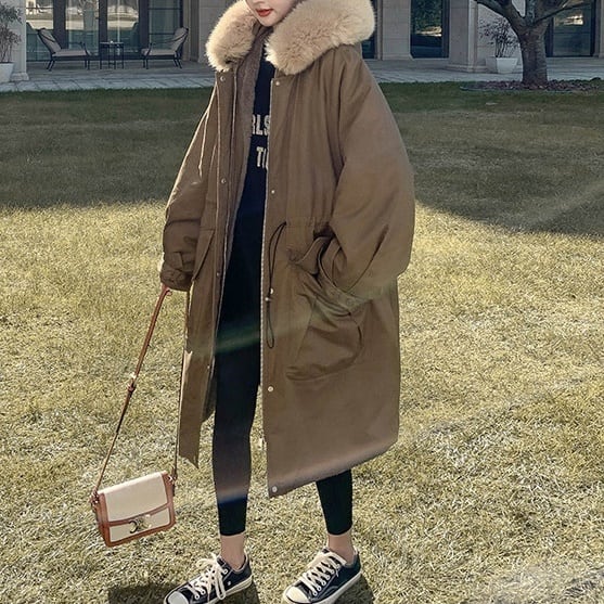 モッズコート アウタードロップショルダー フェイクファー フード付き 裏ボア ドローストリング ウエストマーク ミディアム丈 袖あり 長袖 ポケット付き アウター 羽織り 大人可愛い