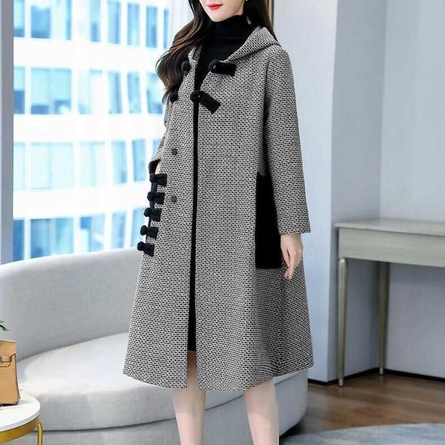 ポンチョ レディース アウター チェスター チェック フード付き 幾何学 バイカラー Aライン ひざ丈 マニッシュ パフスリーブ 裏地 韓国風  軽い 軽量 フード付き 冬服 厚手 アウター  暖かい