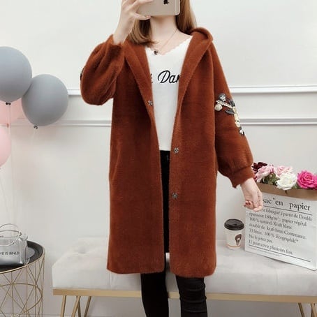 コート レディース ジャケット ノーカラーフード付き 起毛 ふわふわ 花柄 刺繍 スパンコール 薄手 アウター ボア もこもこ ミディアム丈 オーバーサイズ 軽い 軽量 冬服 厚手 アウター