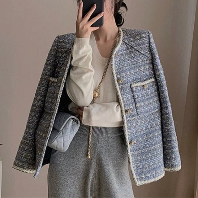 ジャケット レディース ノーカラージャケット バイカラー フリンジ パール ポケット装飾 バイカラー ツイード クルーネック ショート丈 パフスリーブ アウター ミディアム丈
