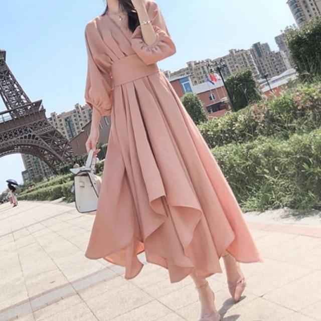 ワンピース 上着 人気 おすすめ おしゃれ お洒落 激安 安い 送料無料 プチプラ 長袖 ロング ラウンドネック 丸首 とろみ ふわふわ パフスリーブ ふんわり Aライン 無地 フリル 可愛い