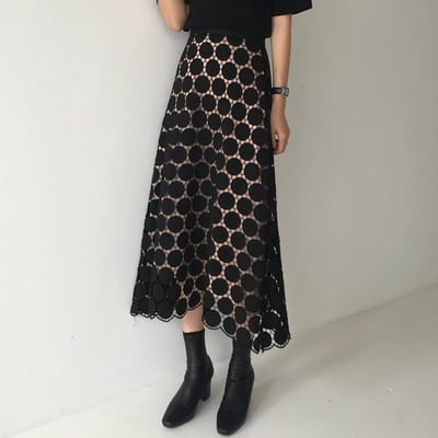 ボトムス ボトム おすすめ おしゃれ お洒落 激安 安い 送料無料 プチプラ ロング スカート フレア スカート ハイ ウエスト Ａライン ミモレ 丈 ドット レース シースルー 韓国 ヒップアップ