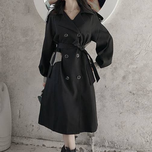 アウター 上着 コート トレンチコート Ａライン 膝下丈 ロング丈 ボリューム袖 チェック 格子柄 無地 襟付き ダブルブレスト バックシャン バックコンシャス 体型カバー スタイルアップ