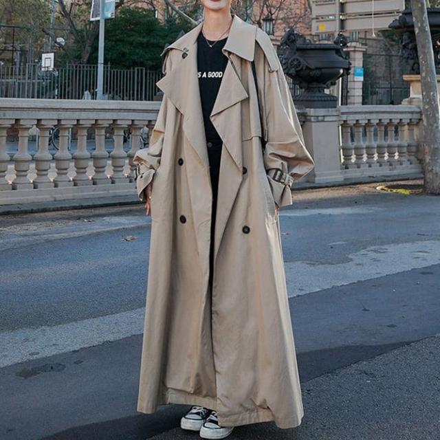 アウター 上着 コート トレンチコート Ａライン オーバーサイズ マキシ丈 ミモレ丈 ロング丈 ボリューム袖 無地 襟付き ダブルブレスト ドロップショルダー 体型カバー スタイルアップ