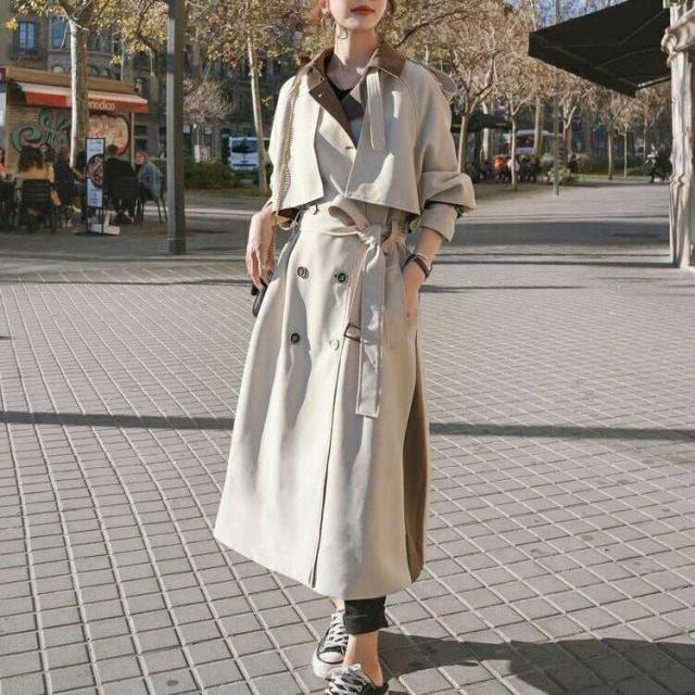 アウター 上着 コート トレンチコート ロングコート Ａライン オーバーサイズ くるぶし丈 マキシ丈 膝下丈 ミモレ丈 ロング丈 フレア 襟付き ダブルブレスト 配色切替 体型カバー