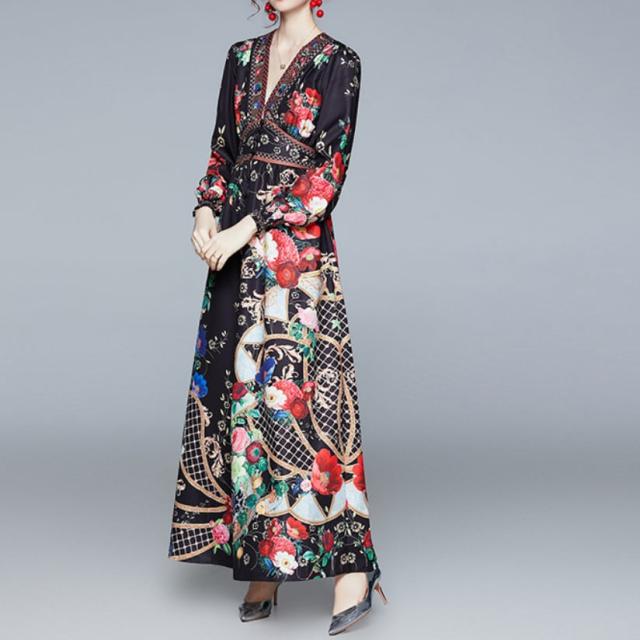 ワンピース チュニック 上着 人気 おすすめ おしゃれ お洒落 激安 安い 送料無料 プチプラ 長袖 ロング Vネック マキシ　ロングスカート 柄 プリント 花柄 エスニック ボヘミアン