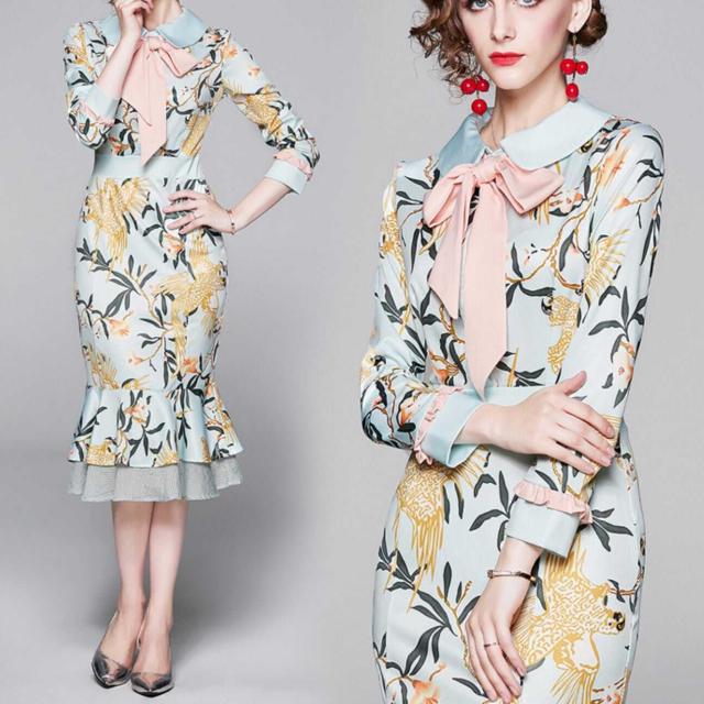 ワンピース 上着 人気 おすすめ おしゃれ お洒落 激安 安い 送料無料 プチプラ ブラウス 長袖 ロング スタンドカラー　襟 ウエスト 柄 ロングスカート マーメイド フリル プリント 花柄