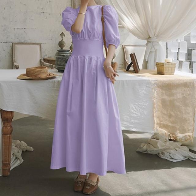 ワンピース 上着 人気 おすすめ おしゃれ お洒落 激安 安い 送料無料 プチプラ ラウンドネック 丸首　パフスリーブ ふんわり ふわふわ  ウエスト ボリュームスリーブ 無地 ポリエステル