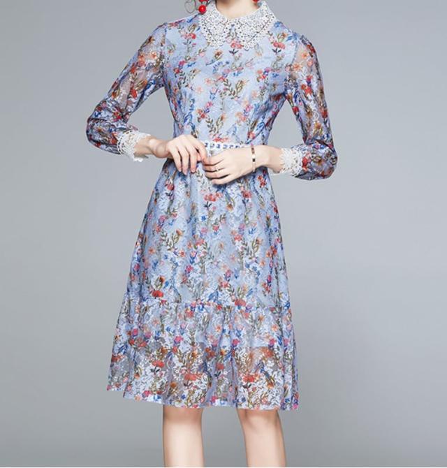 ワンピース 上着 人気 おすすめ おしゃれ お洒落 激安 安い 送料無料 プチプラ 長袖 ロング スタンドカラー Aライン ウエスト 膝丈 柄 プリント 花柄 シアー レース 透け 可愛い かわいい