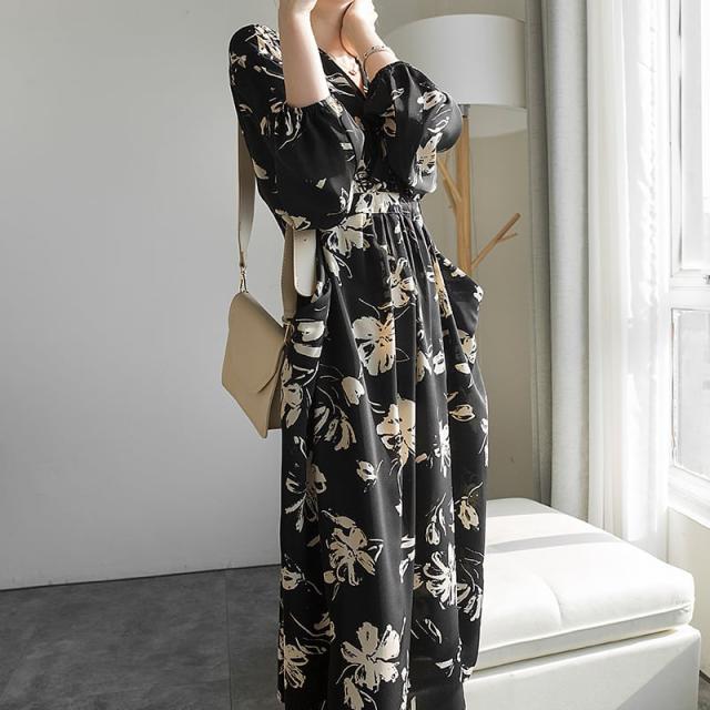 ワンピース 上着 人気 おすすめ おしゃれ お洒落 激安 安い 送料無料 プチプラ 長袖 ロング ロングスカート ボリュームスリーブ Vネック 柄 フリル 花柄 リボン ポリエステル 可愛い